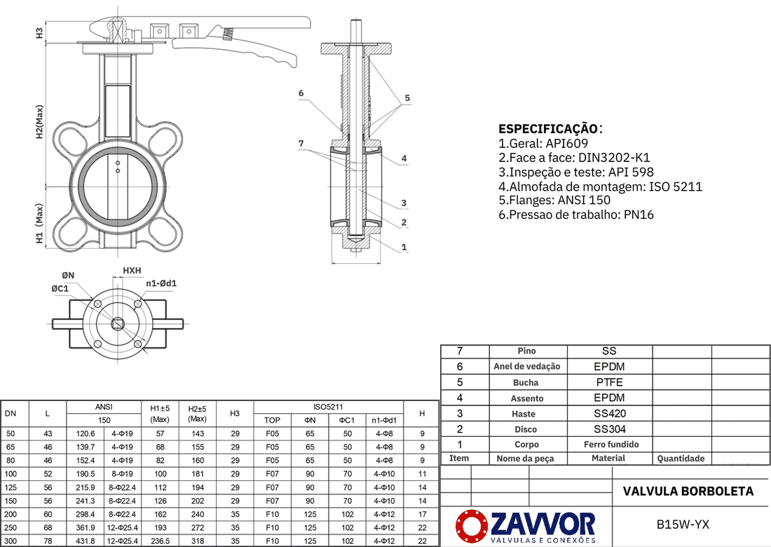 VALVULA BORBOLETA WAFER CORPO FOFO DISCO INOX 304 VEDACAO EPDM ZAVVOR LTDA