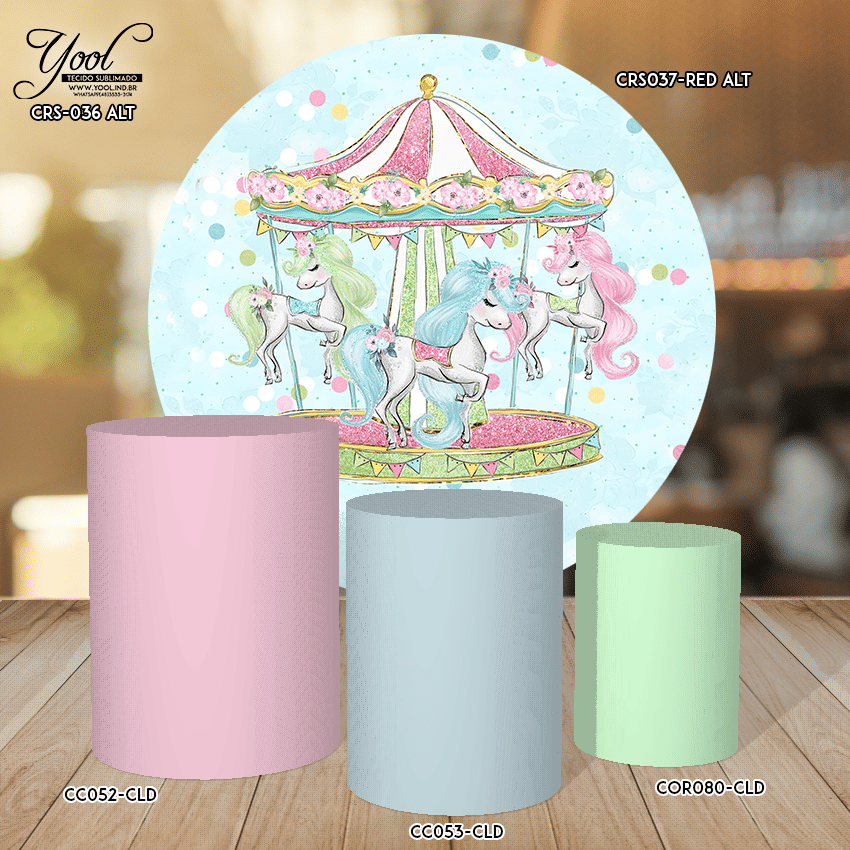KIT PAINEL CARROSSEL REDONDO + 3 CAPAS CILINDROS EM TECIDO SUBLIMADO - Yool KIT PAINEL CARROSSEL REDONDO + 3 CAPAS CILINDROS EM TECIDO SUBLIMADO - Yool