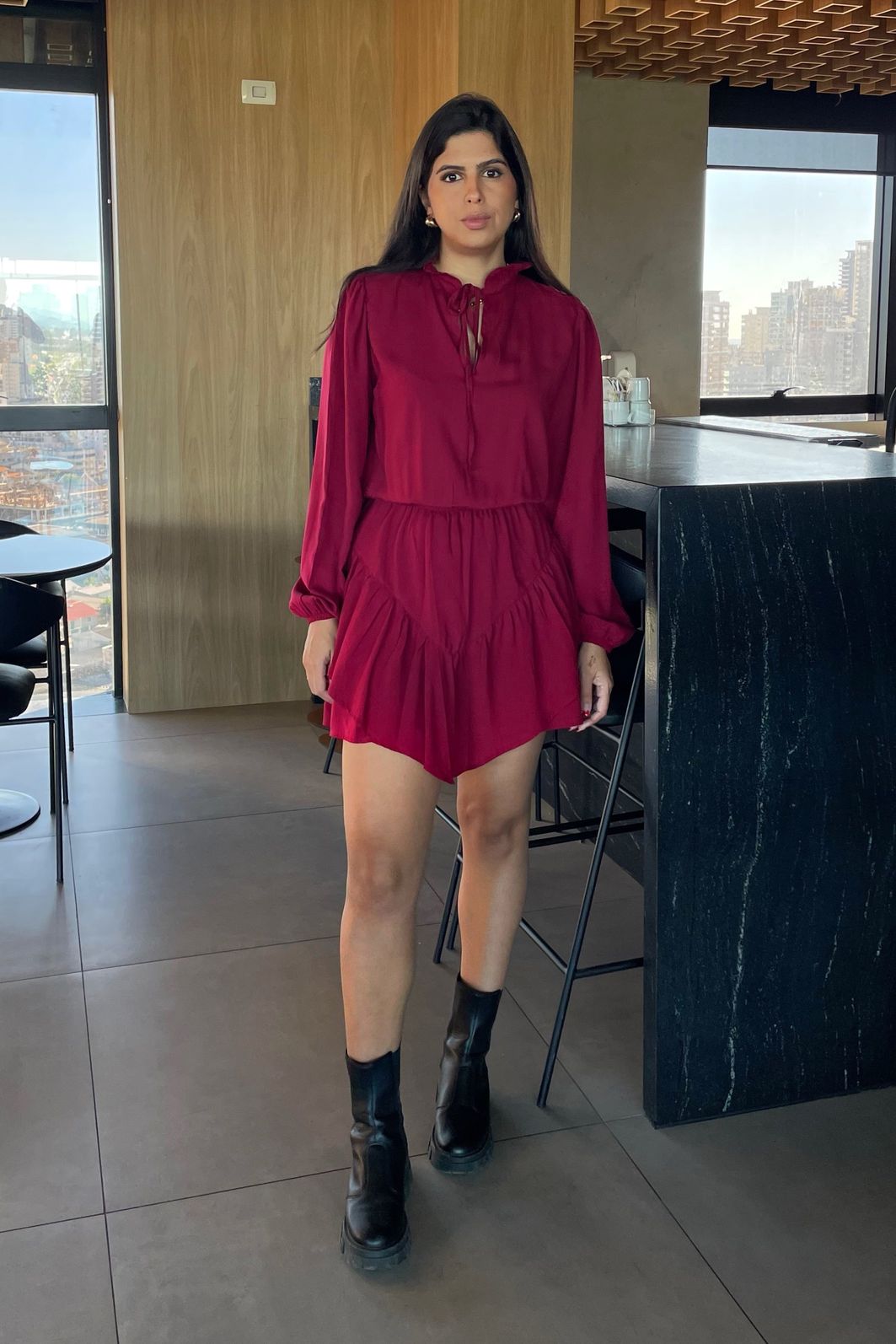 Vestido Curto Manga Longa Franzida Viscose Cereja Carmelia