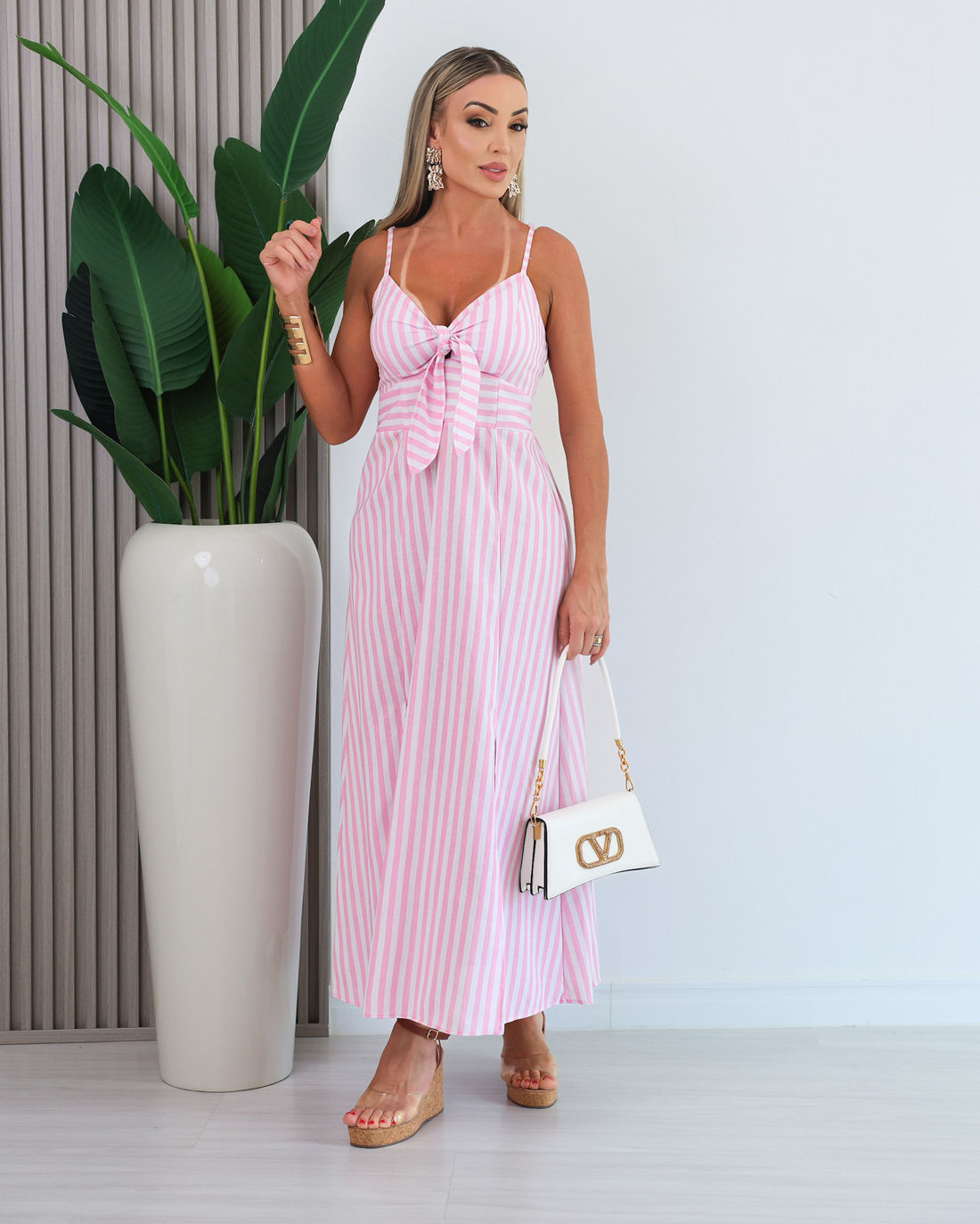 VESTIDO LONGUETE MAGDA - ROSA C/ LISTRAS Loja Strass - Loja Virtual