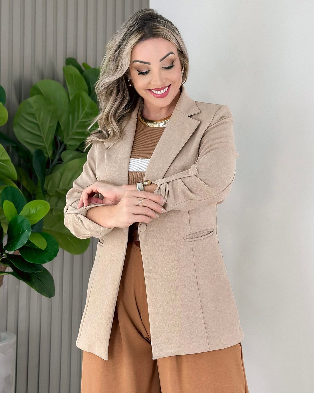 BLAZER POLILINHO ALONGADO LAURA - BEGE Loja Strass - Loja Virtual