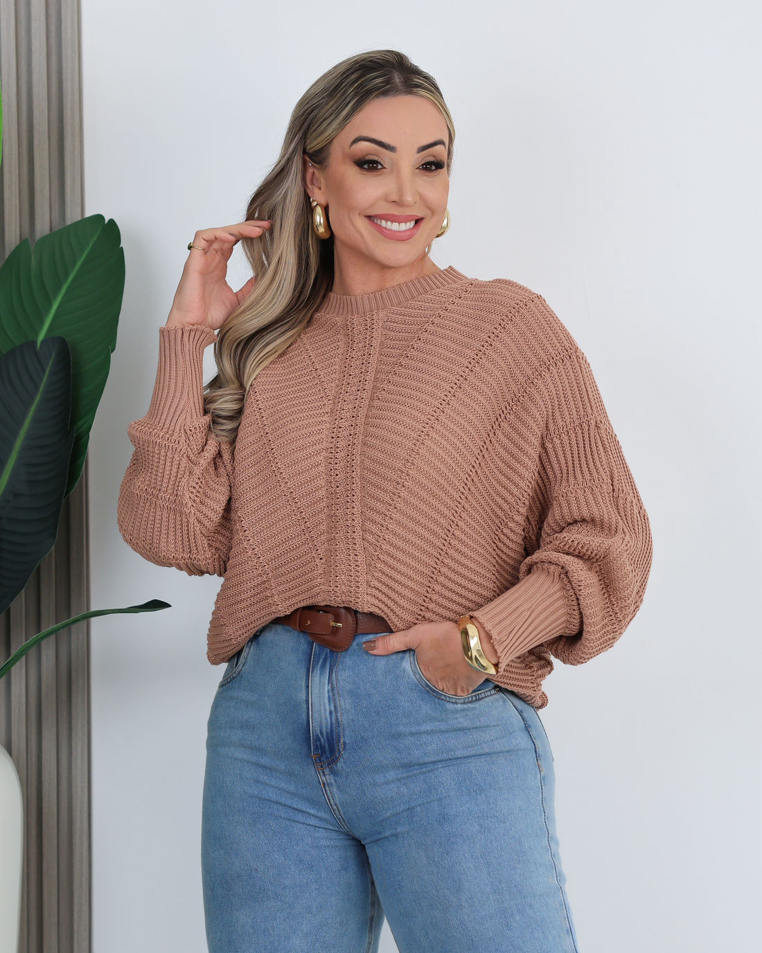 BLUSA MANGA LONGA TRICOT BÁRBARA - BEGE ROSADO Loja Strass - Loja Virtual