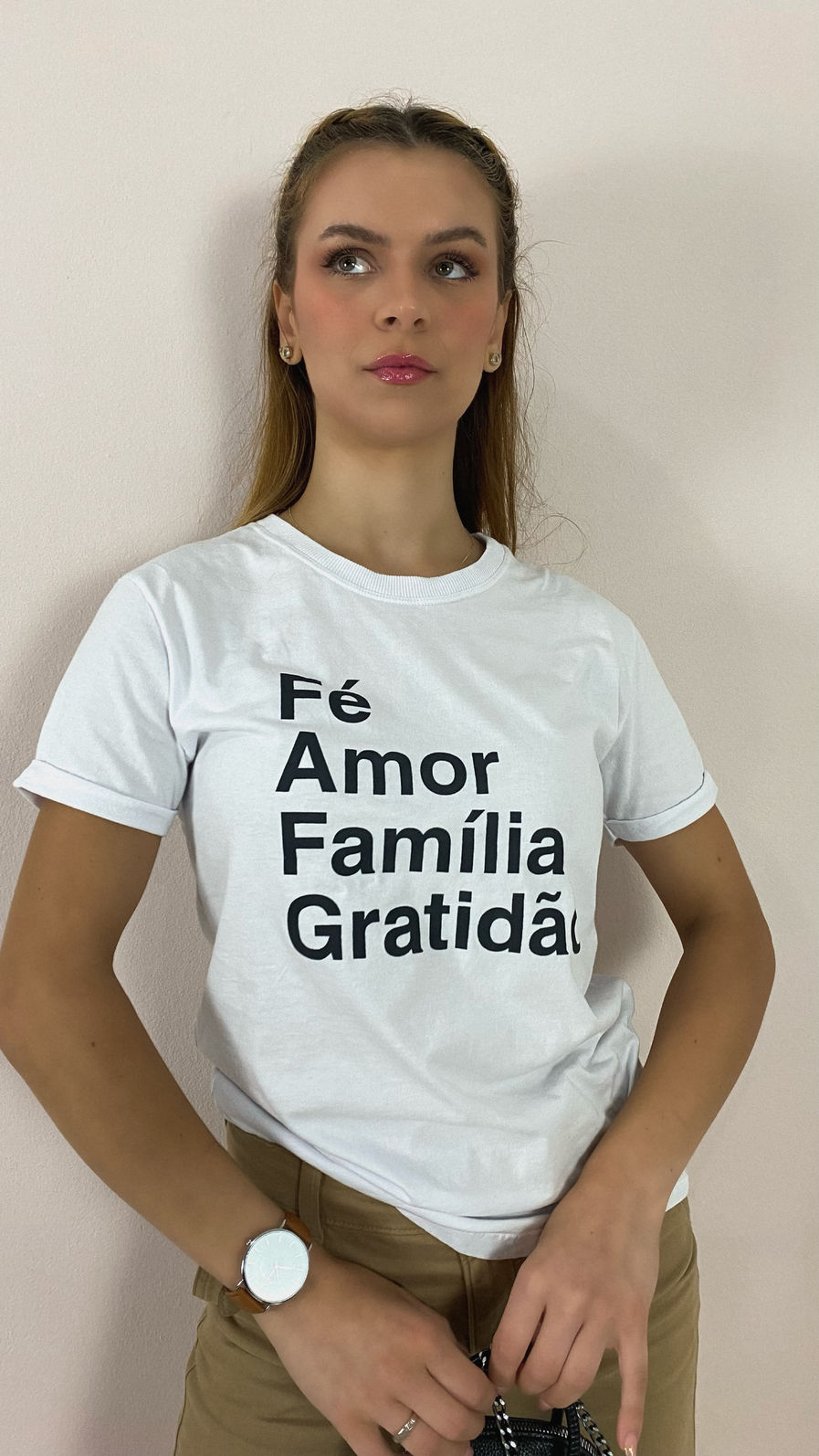 Tshirt Premium - Fé, Amor, Família - Branco Meia Cereja - Loja Virtual