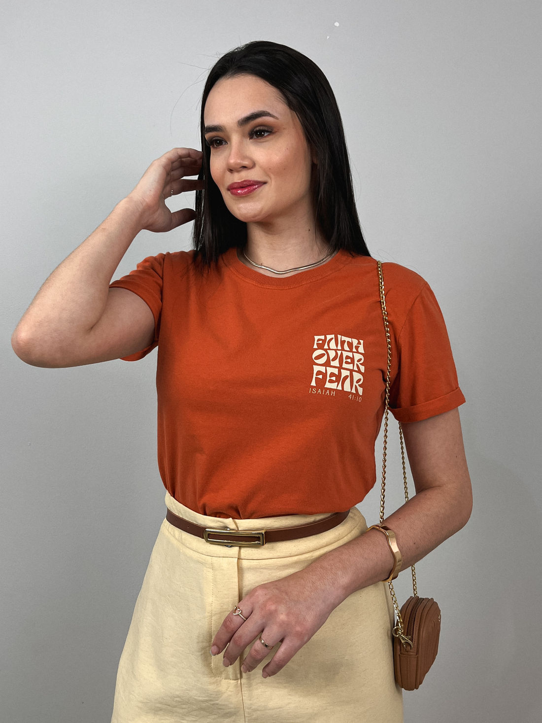 Tshirt Premium - Isaiah 41:10 - Ocre Meia Cereja - Loja Virtual