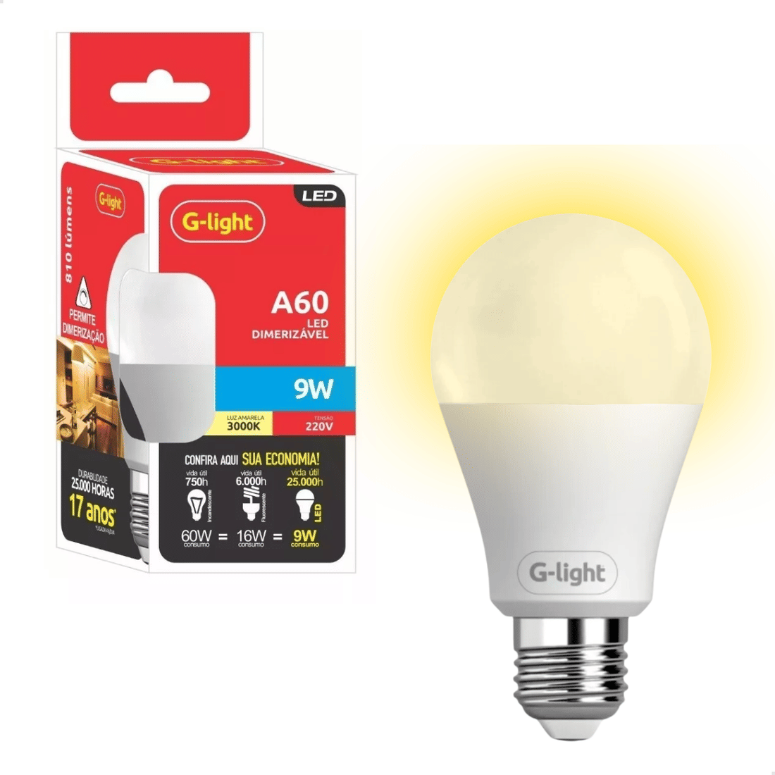 Lâmpada LED Dimerizável 9W 220V 3000K – Luz Amarela | G-Light