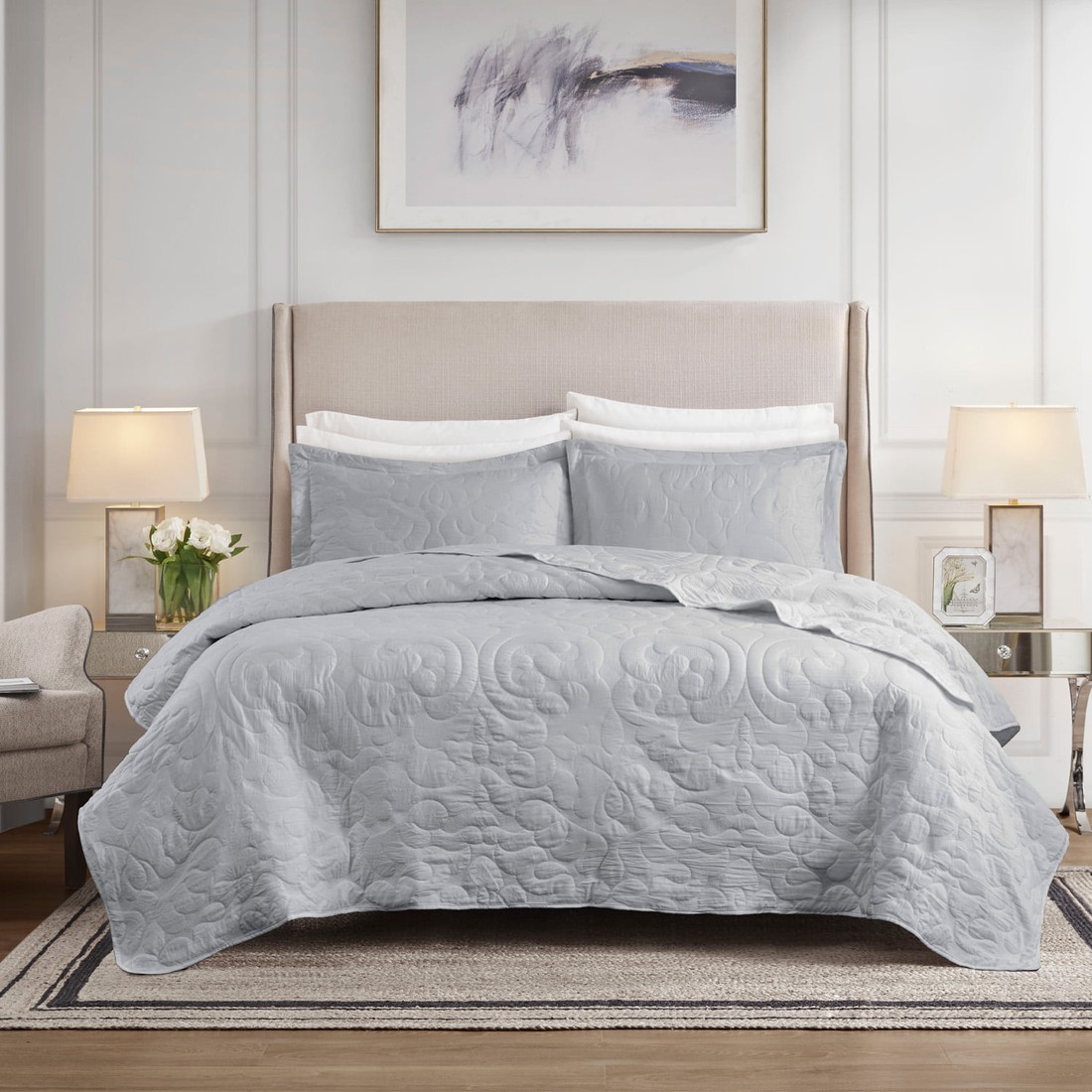 Kit Colcha King Golden Toque de Pessego Costurada - Cinza Na Casa Encanto