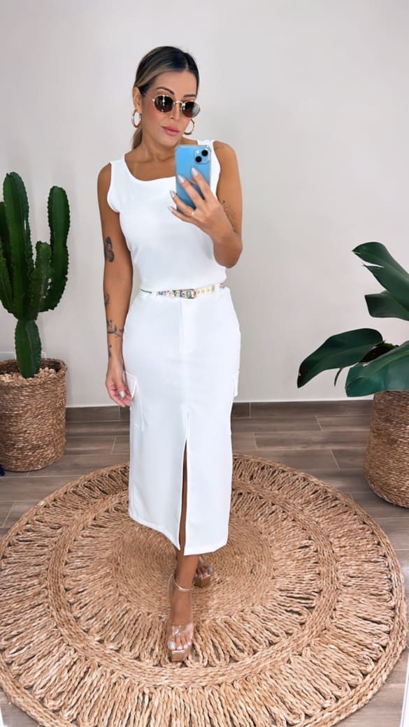 Conjunto de saia midi em ponto Roma Ivete Branco Map Store - Loja Virtual