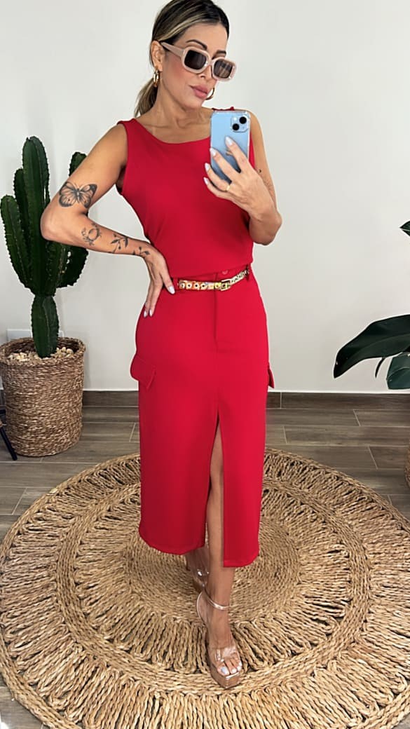 Conjunto de saia midi em ponto Roma Ivete vermelho Map Store - Loja Virtual